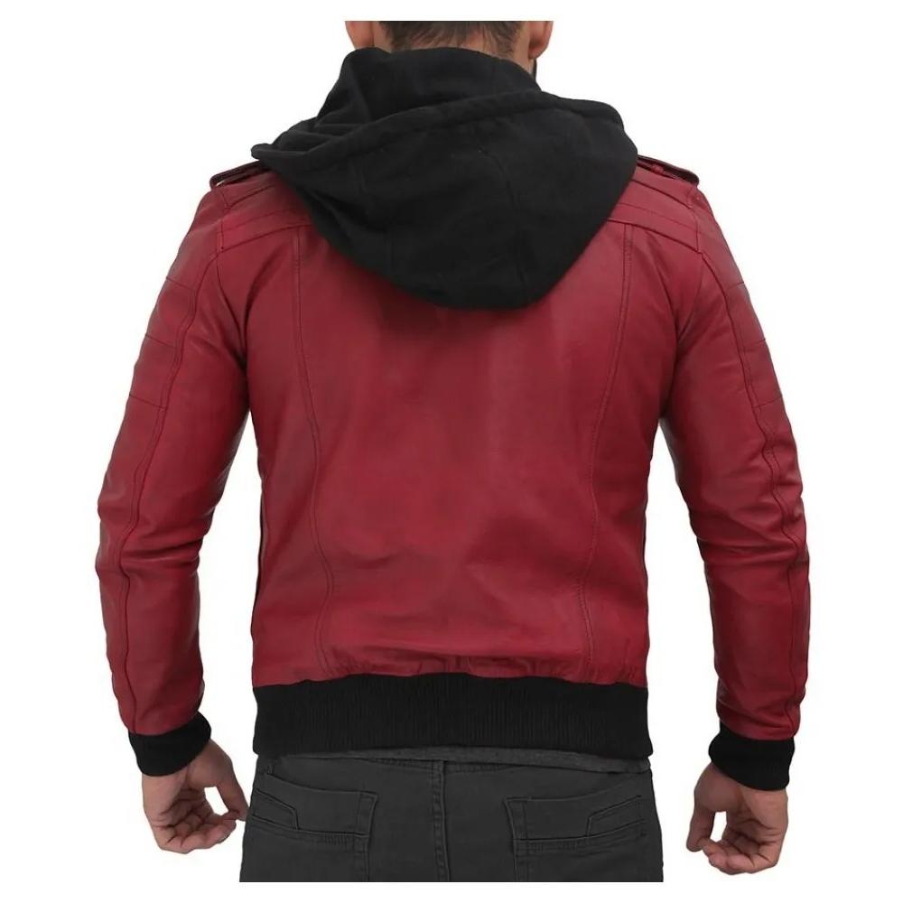 Maroon Hooded Leather Bomber Jacket for Men
