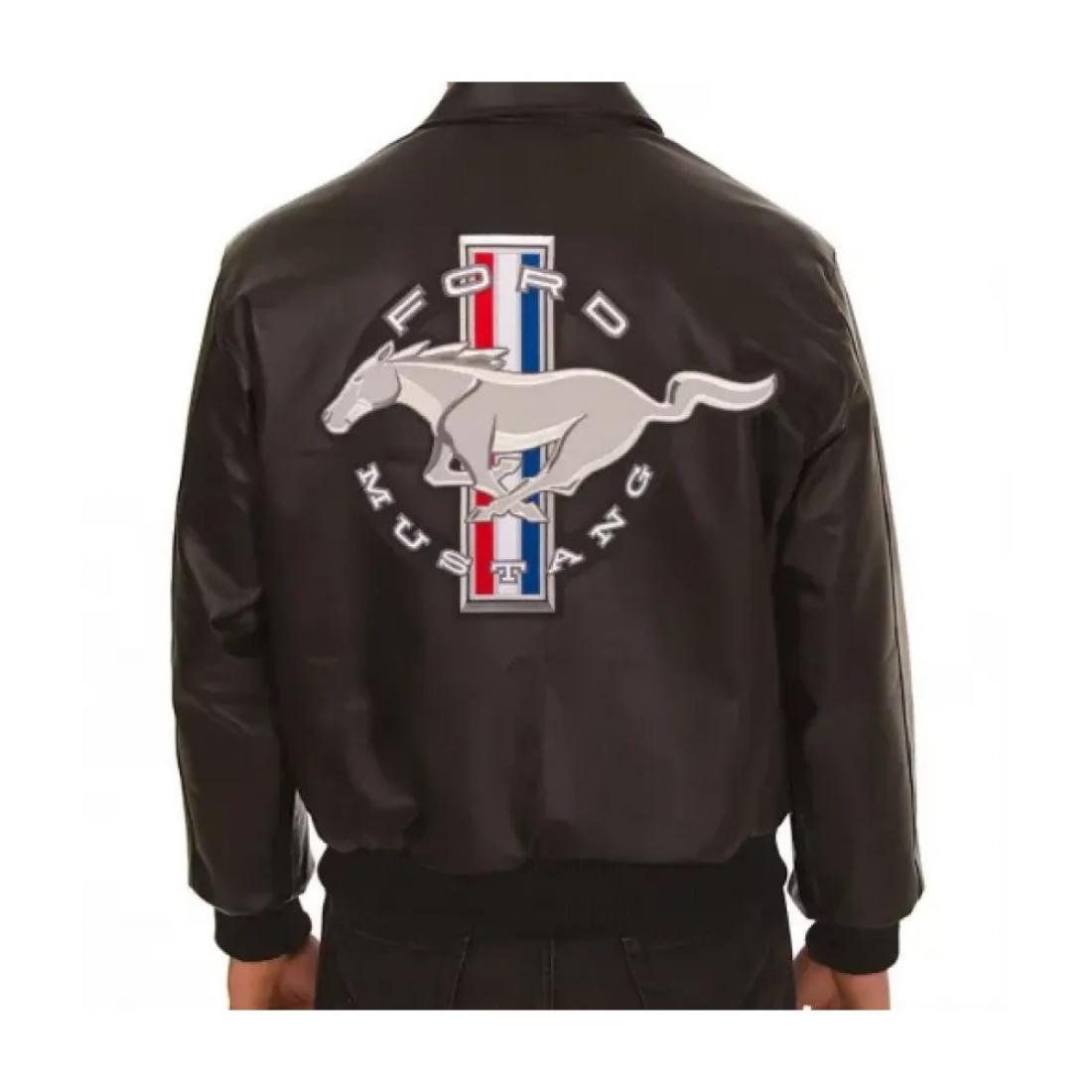 Ford Mustang Embroidered Black Leather Bomber Jacket